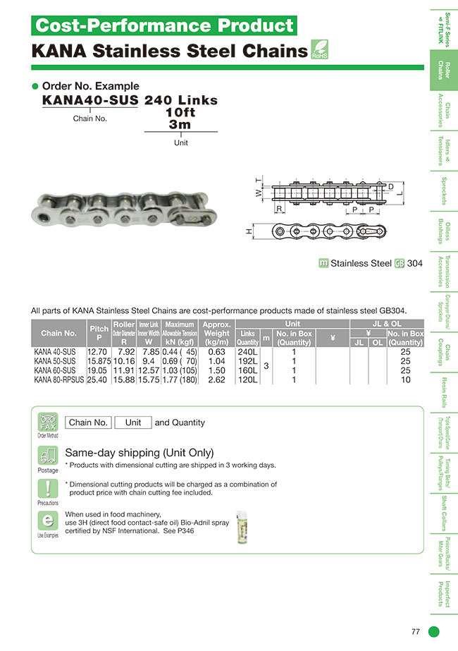 KANA Roller Chain, Stainless Steel | KATAYAMA CHAIN | MISUMI Indonesia