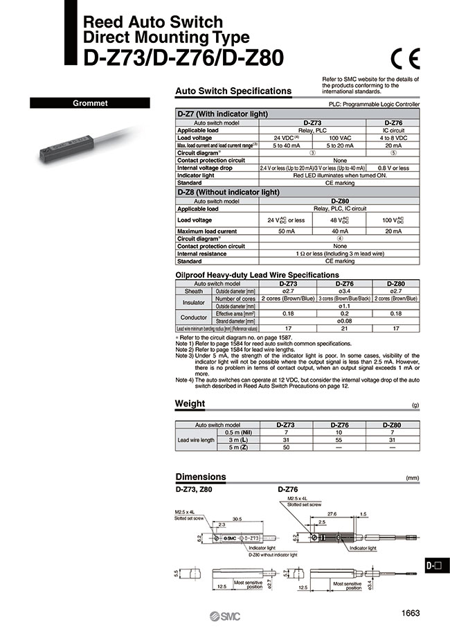 Reed Auto Switch, Direct Mounting Style, D-Z73/D-Z76/D-Z80 | SMC ...