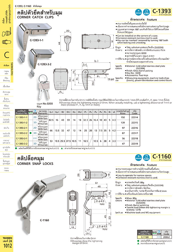 Stainless Steel Corner Snap Lock C-1160 | TAKIGEN | MISUMI Indonesia